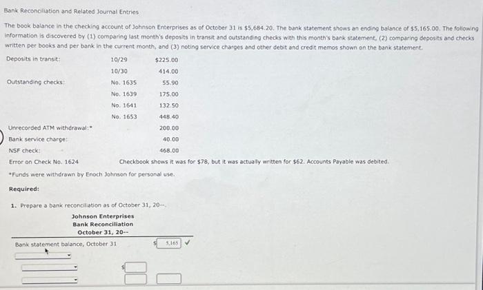 Solved Bank Reconcilation and Related Journal Entries The | Chegg.com
