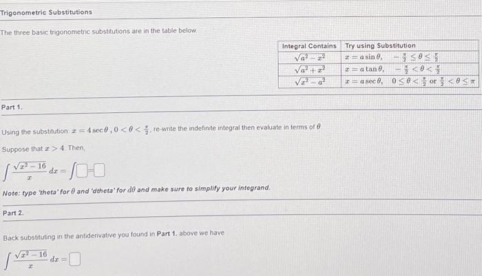 Solved The three basic trigonometric substitutions are in | Chegg.com