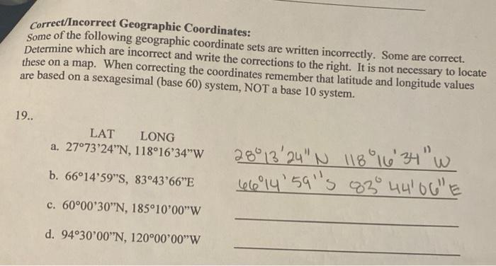 Solved Correct/Incorrect Geographic Coordinates: Some of the | Chegg.com