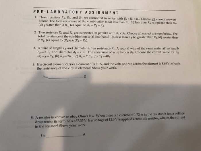 Solved PRE-LABORATORY ASSIGNMENT 1. Three resistors Ru, Ry, | Chegg.com