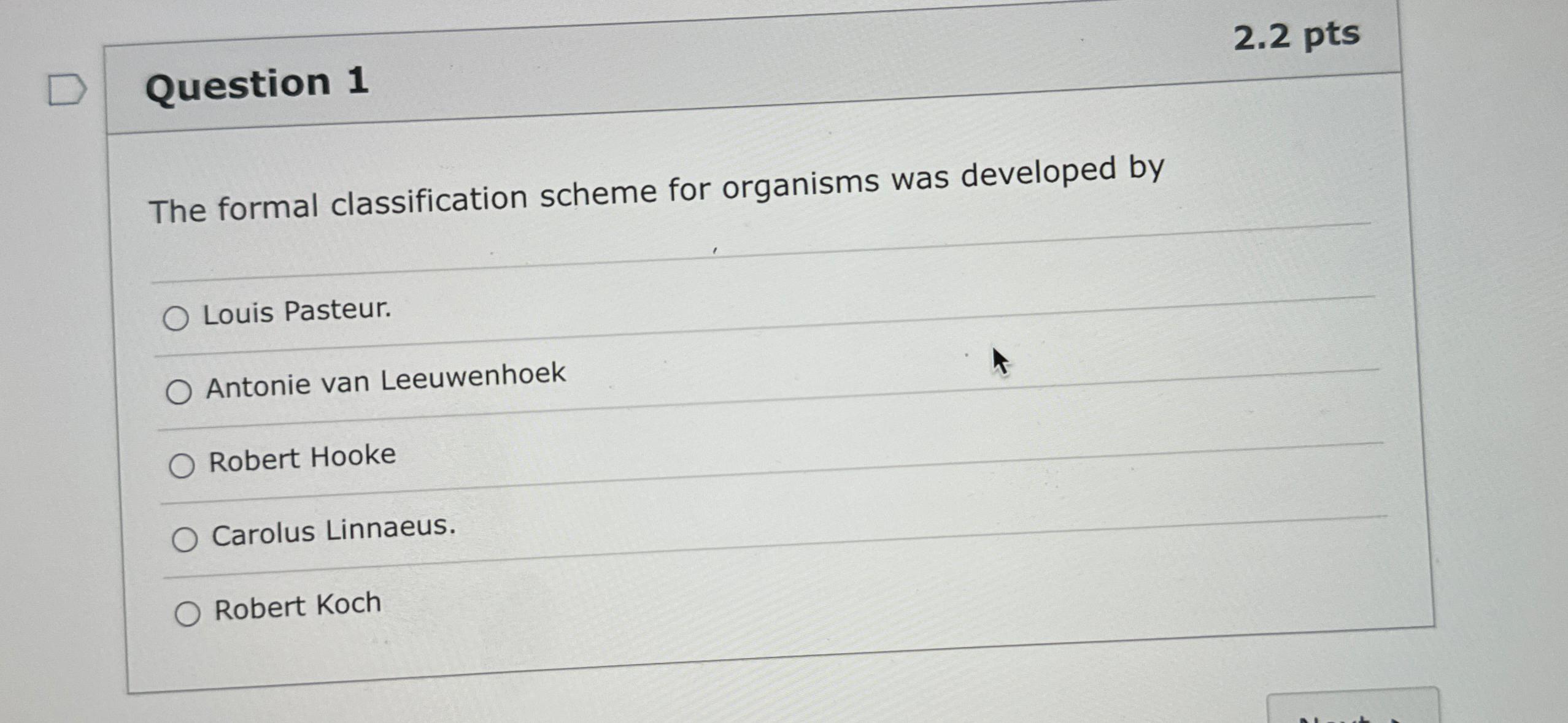 Solved 2.2ptsQuestion 1The formal classification scheme for | Chegg.com