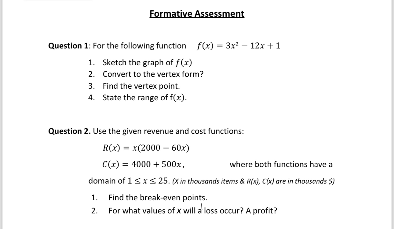 Solved Formative AssessmentQuestion 1: For the following | Chegg.com