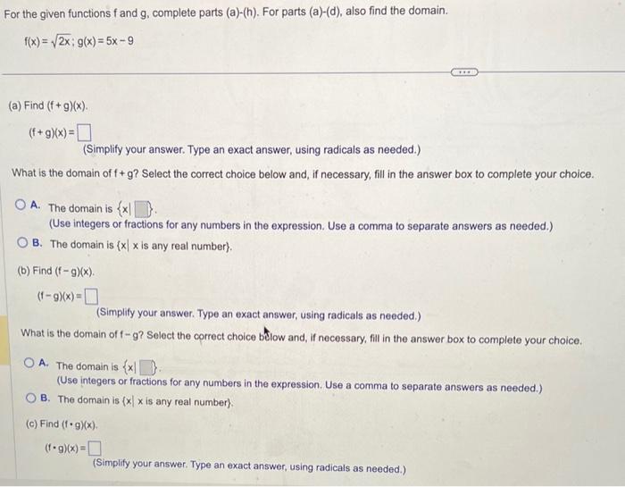 Solved For the given functions f and g, complete parts | Chegg.com