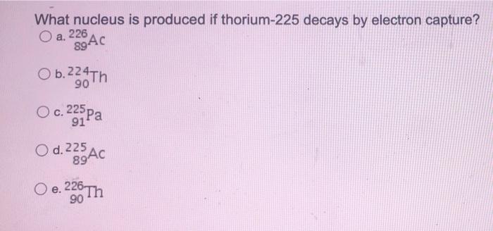 Solved What nucleus is produced if thorium-225 decays by | Chegg.com