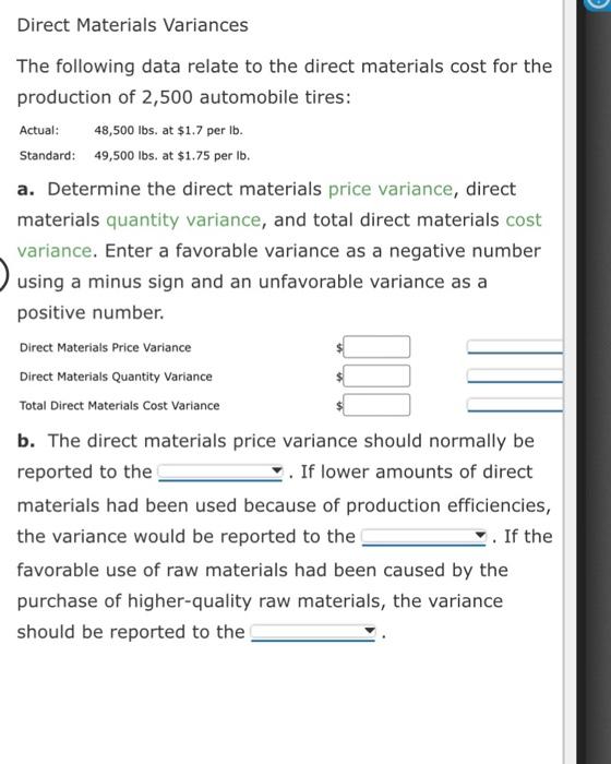 Solved Direct Materials Variances The following data relate | Chegg.com