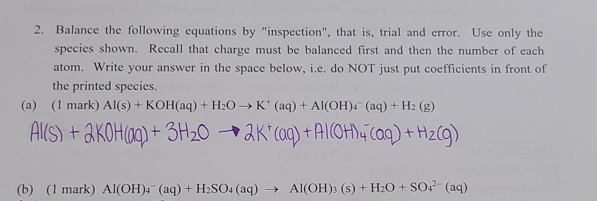 Solved 2. Balance the following equations by "inspection", | Chegg.com