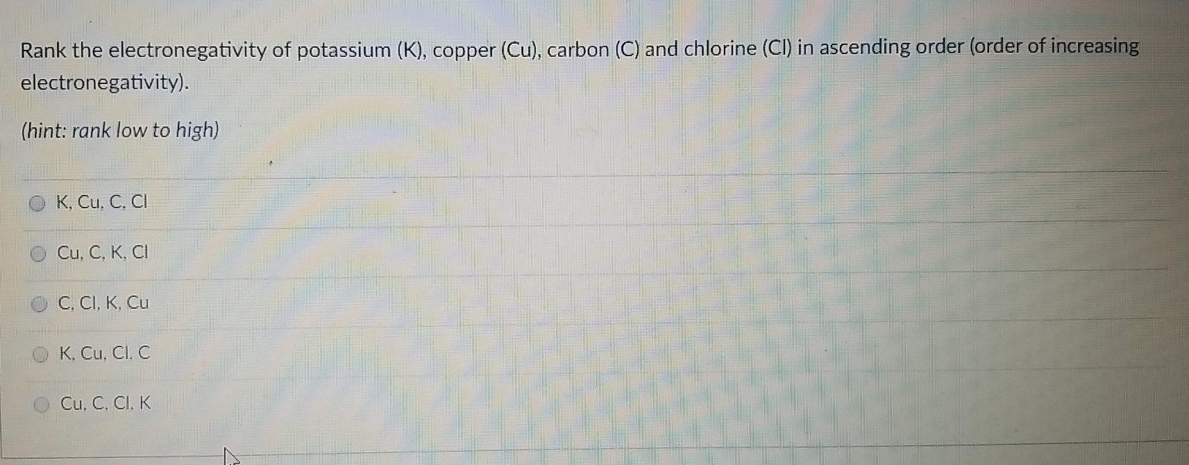 Solved Rank the electronegativity of potassium (K), copper | Chegg.com