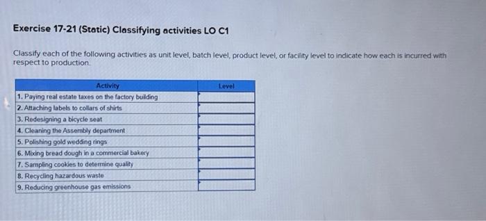 Solved Exercise 17-21 (Static) Classifying activities LO C1 | Chegg.com Solved Exercise 17-21 (Static) Classifying activities LO C1 | Chegg.com