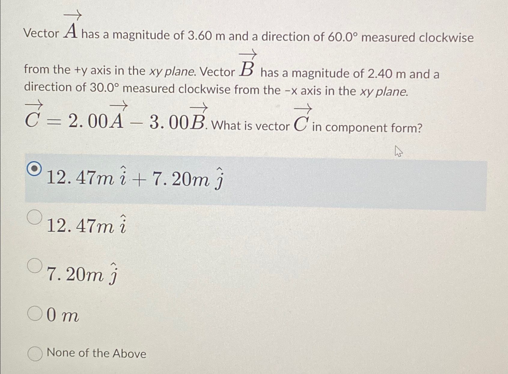 Solved vector vec(A) ﻿has a magnitude of 3.60m ﻿and a | Chegg.com