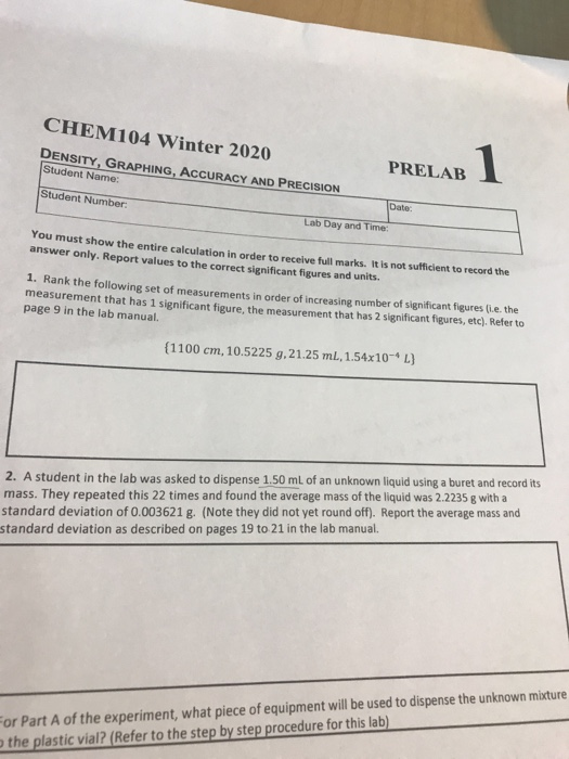Solved CHEM104 Winter 2020 DENSITY, GRAPHING, ACCURACY AND | Chegg.com