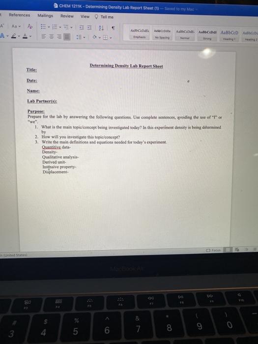 Solved CHEM 1211K - Determining Density Lab Report Sheet (1) | Chegg.com