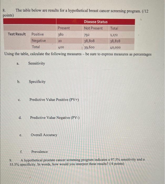8. The table below are results for a hypothetical | Chegg.com