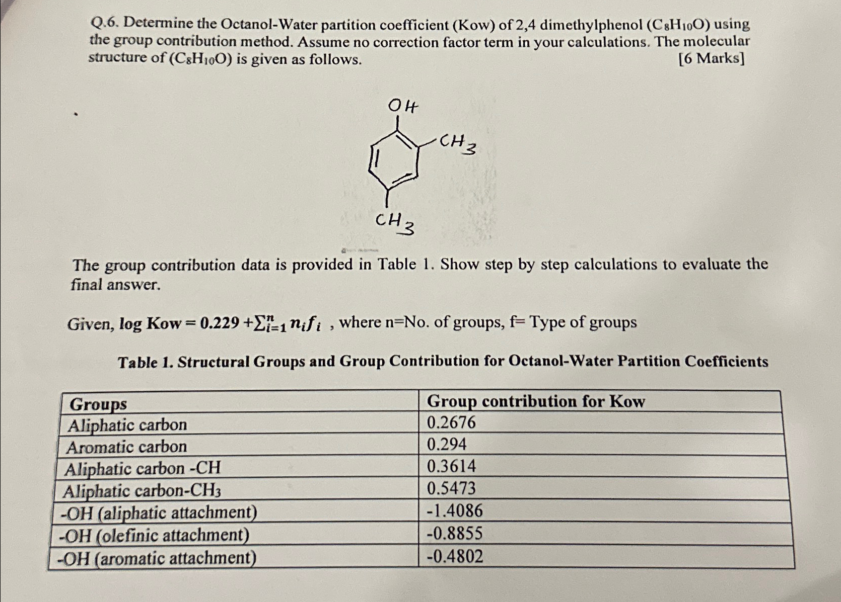 Solved Q.6. ﻿Determine the Octanol-Water partition | Chegg.com