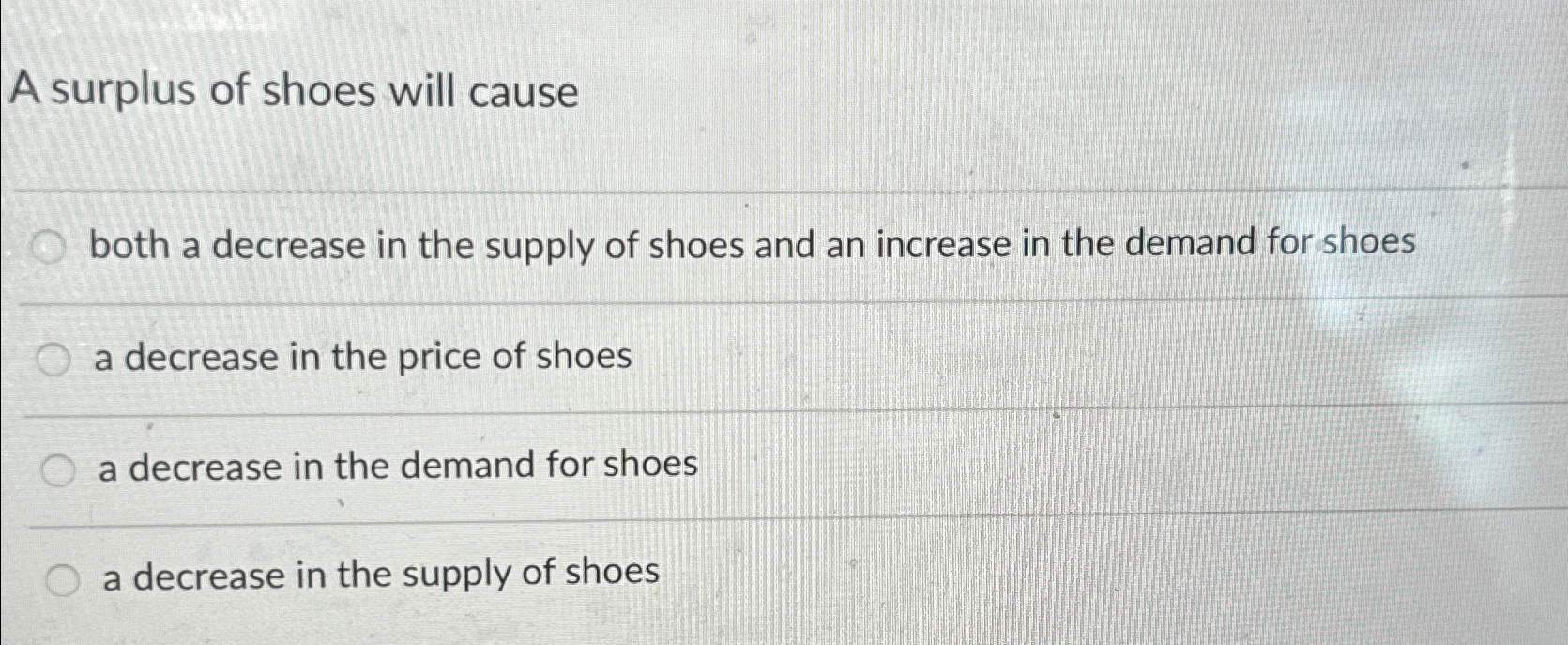 Solved A surplus of shoes will causeboth a decrease in the | Chegg.com