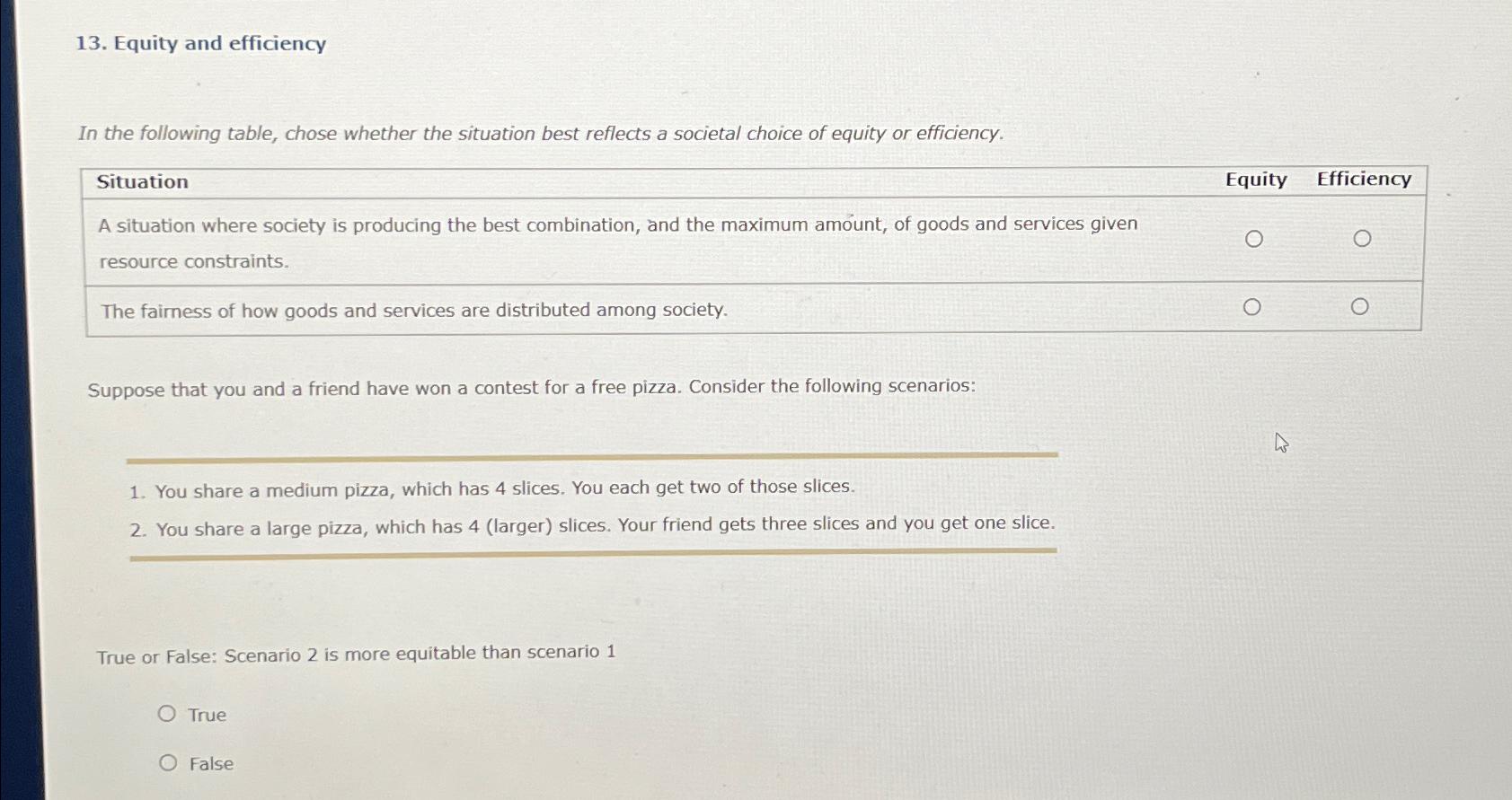 Solved Equity and efficiencyIn the following table, chose | Chegg.com