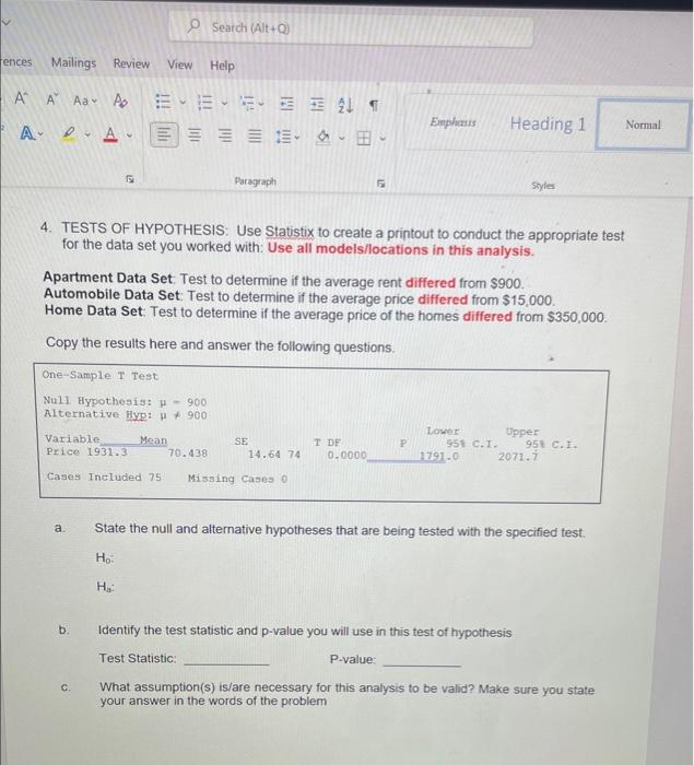 Solved 4. TESTS OF HYPOTHESIS: Use Statistix to create a | Chegg.com