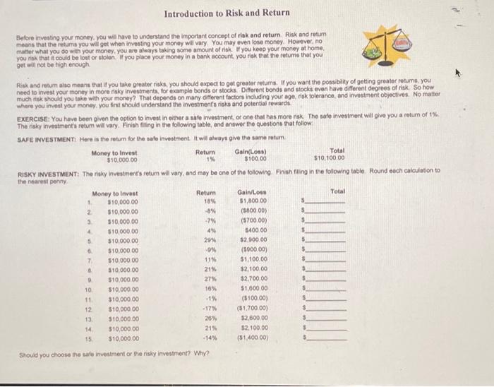 Solved Introduction to Risk and Return Before investing your | Chegg.com