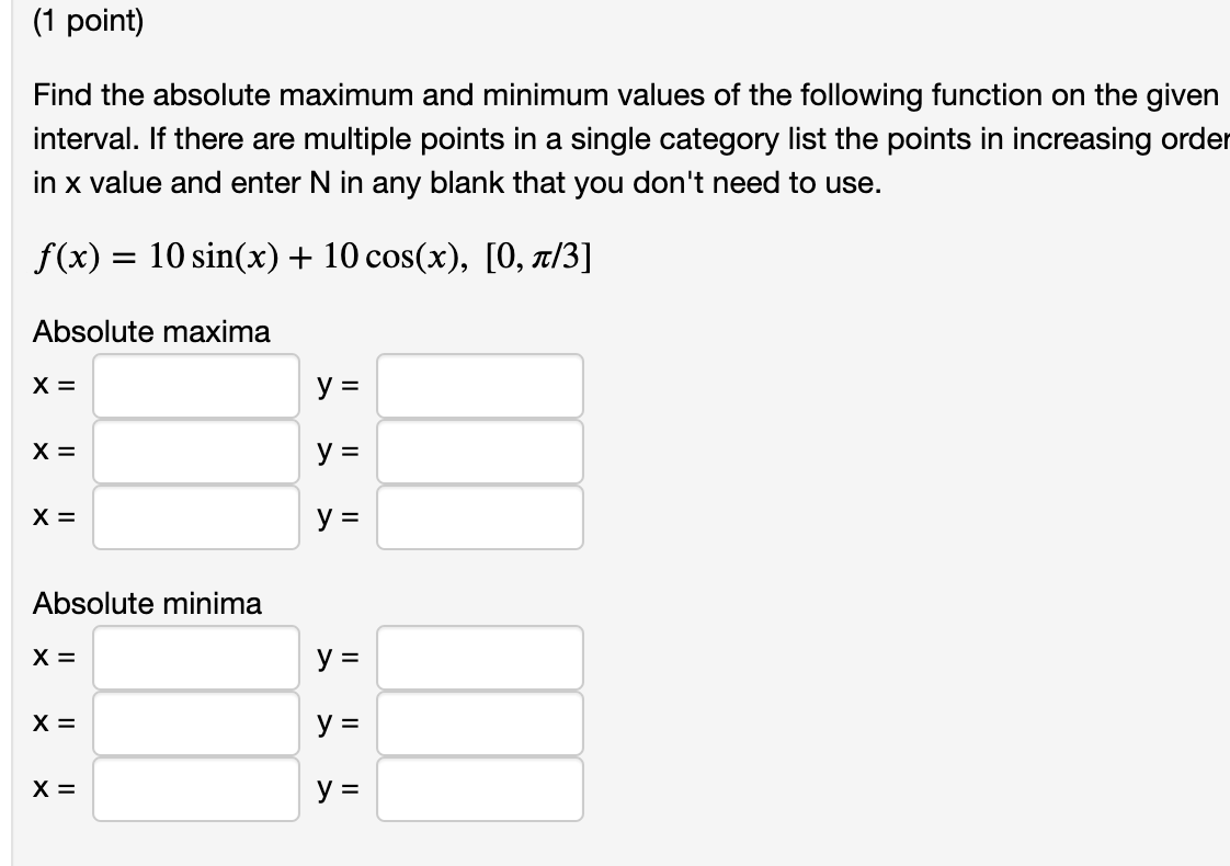 Solved (1 ﻿point)Find the absolute maximum and minimum | Chegg.com