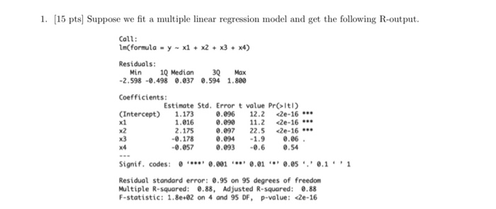 Solved 1. (15 pts] Suppose we fit a multiple linear | Chegg.com
