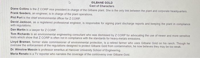 GILBANE GOLD Cast of Characters Diane Collins is the | Chegg.com