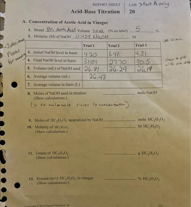 Solved REPORT SHEET LAB > Part A only 20 A. Concentration of | Chegg.com