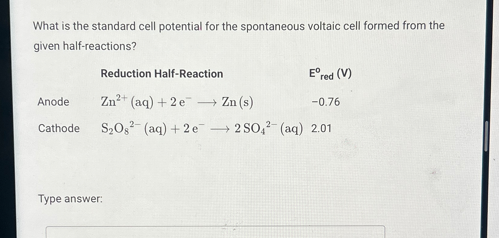 Solved What Is The Standard Cell Potential For The
