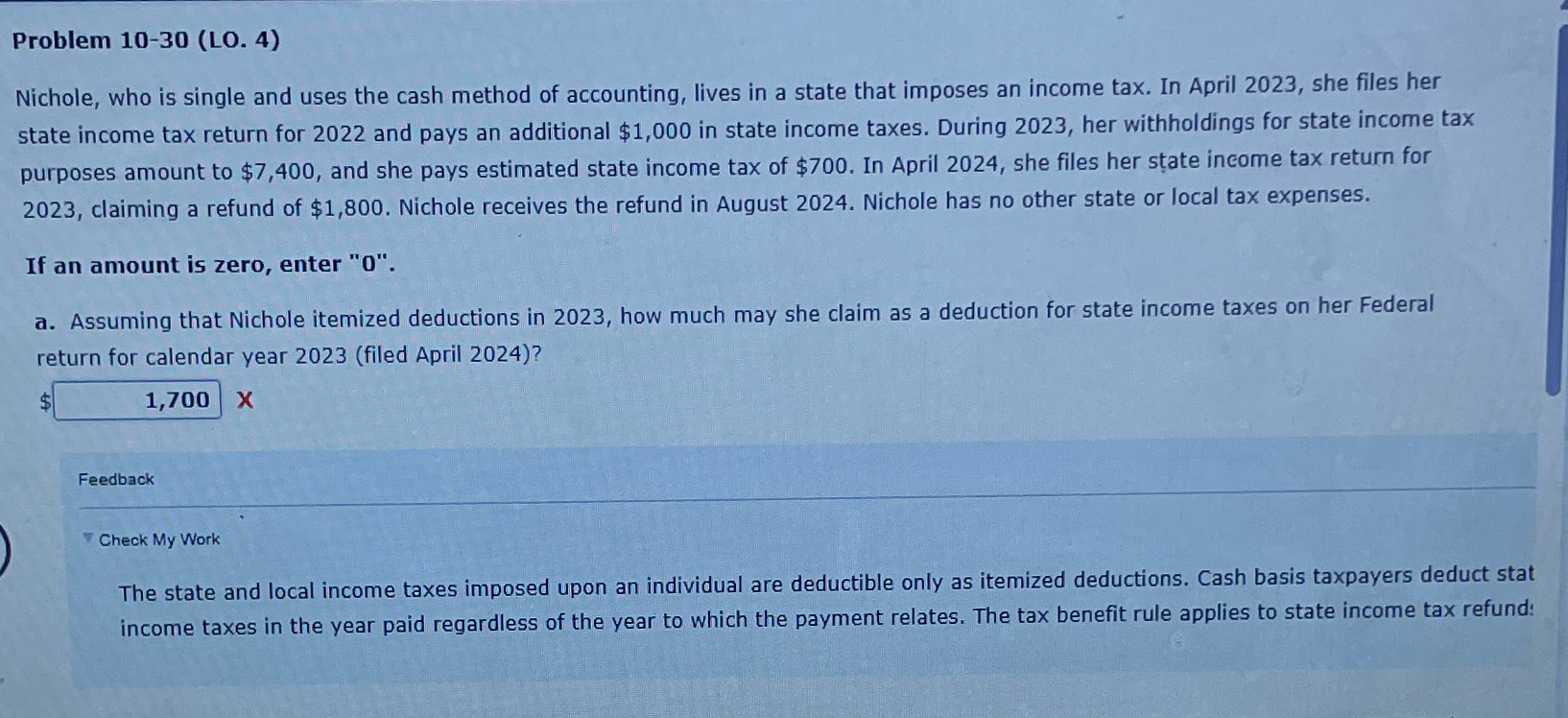 Solved Problem 10-30 (LO. 4)Nichole, who is single and uses | Chegg.com