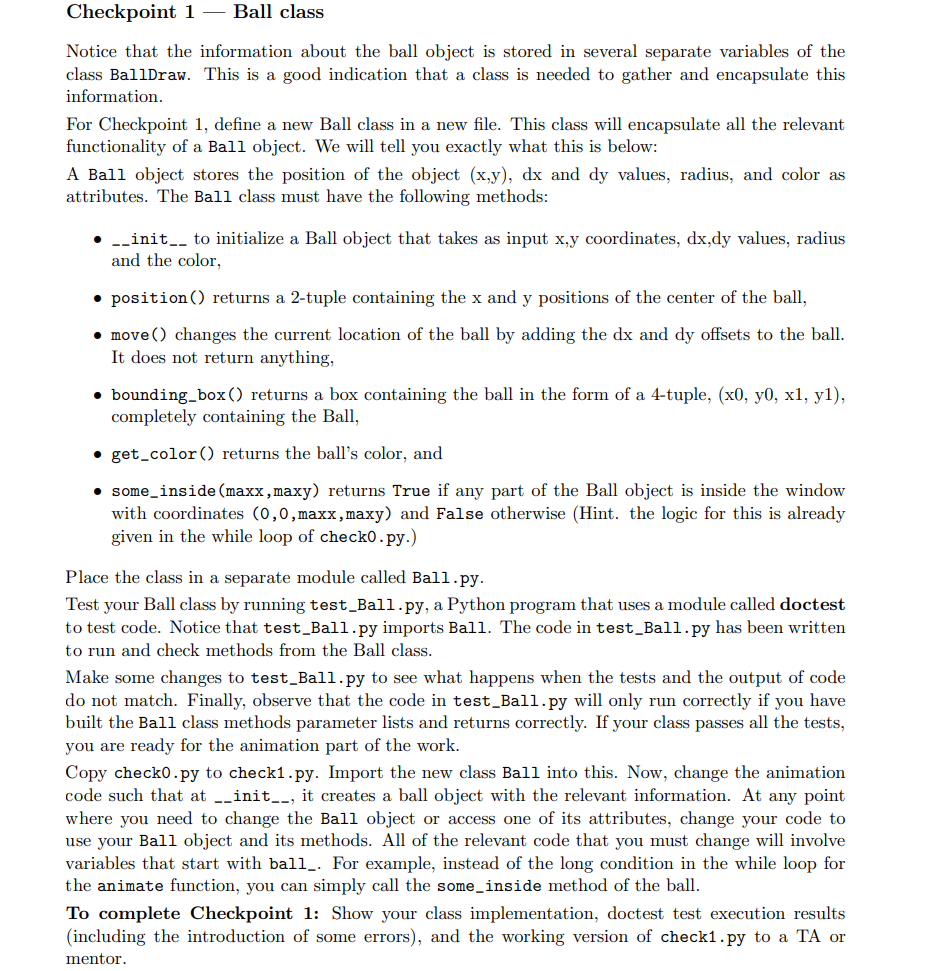 Solved Checkpoint 1 - ﻿Ball classNotice that the information | Chegg.com