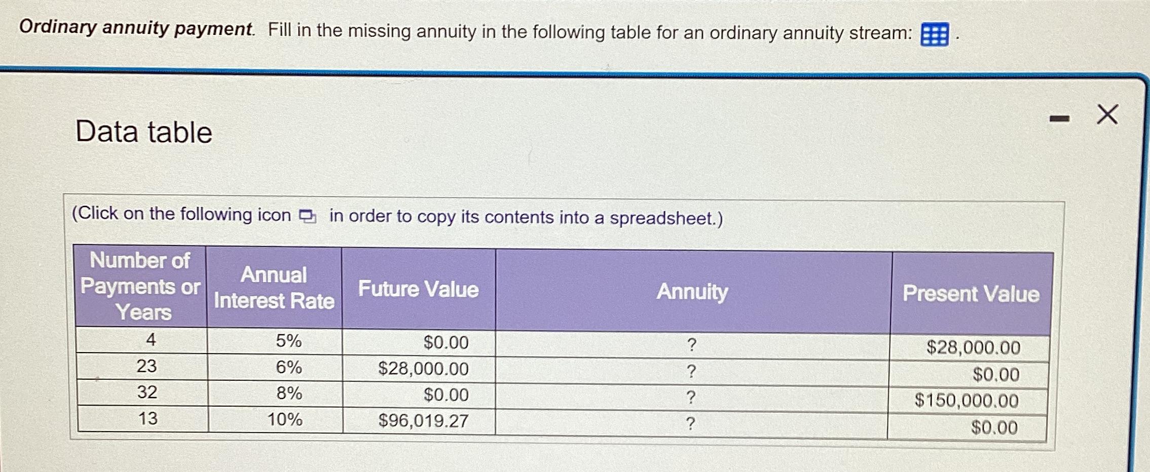 Solved Ordinary annuity payment. Fill in the missing annuity | Chegg.com
