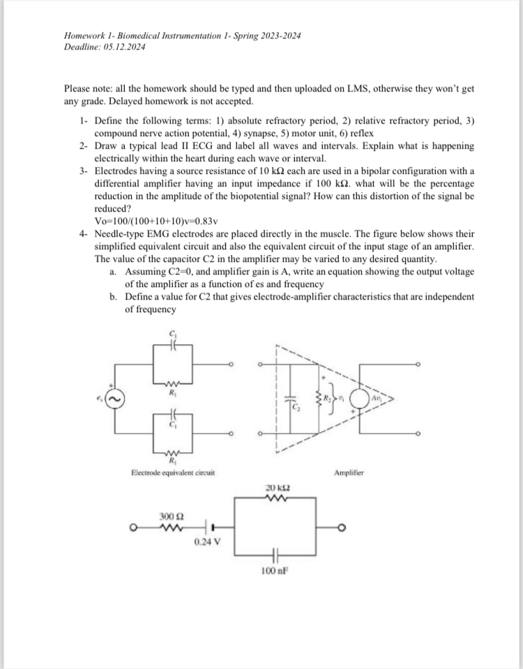 Solved Homework 1-Biomedical Instrumentation 1-Spring | Chegg.com