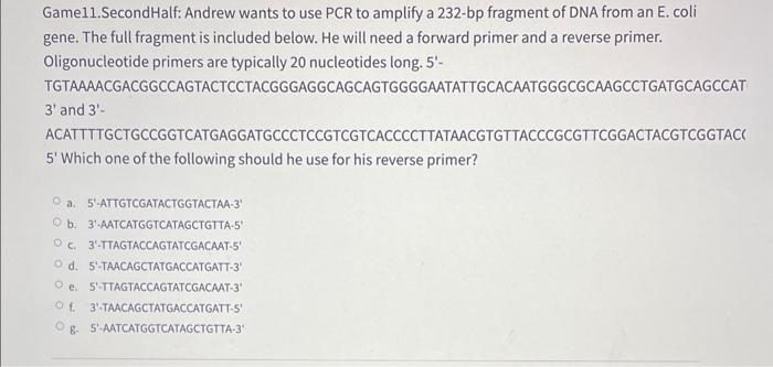 Solved Game11.SecondHalf: Andrew wants to use PCR to amplify | Chegg.com