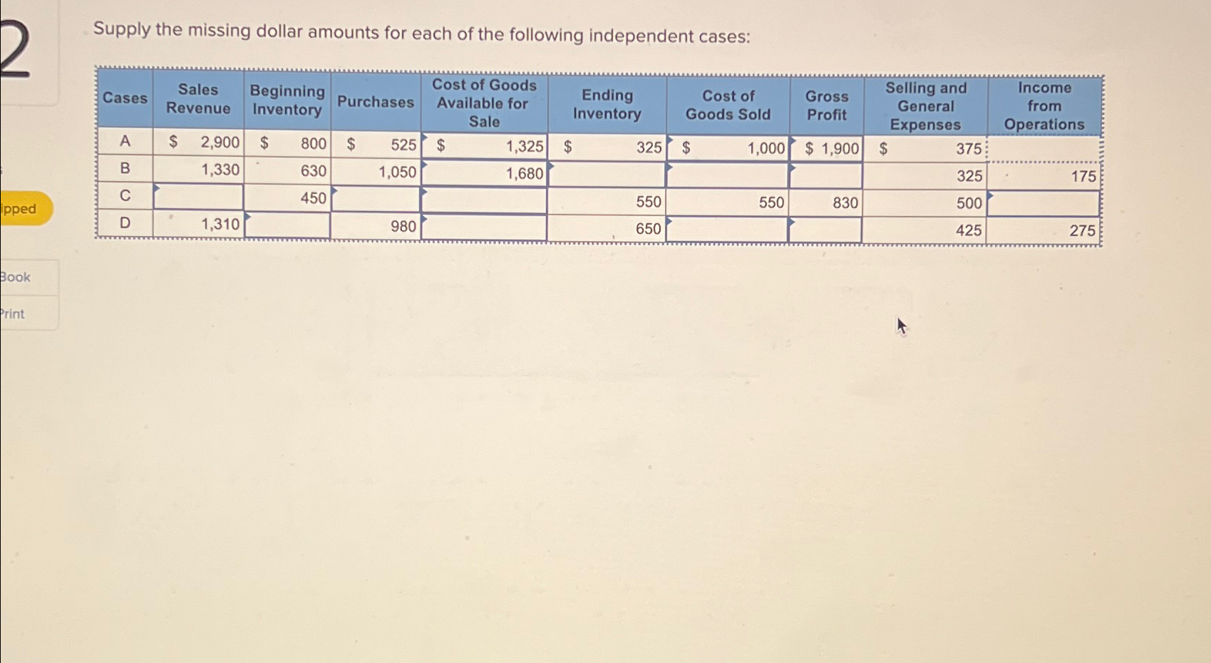 Solved Supply the missing dollar amounts for each of the | Chegg.com