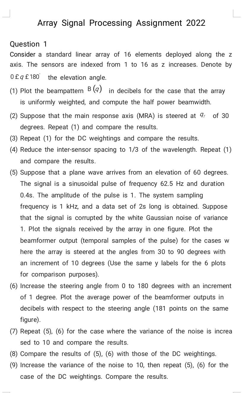 Array Signal Processing Assignment 2022 Question 1 | Chegg.com