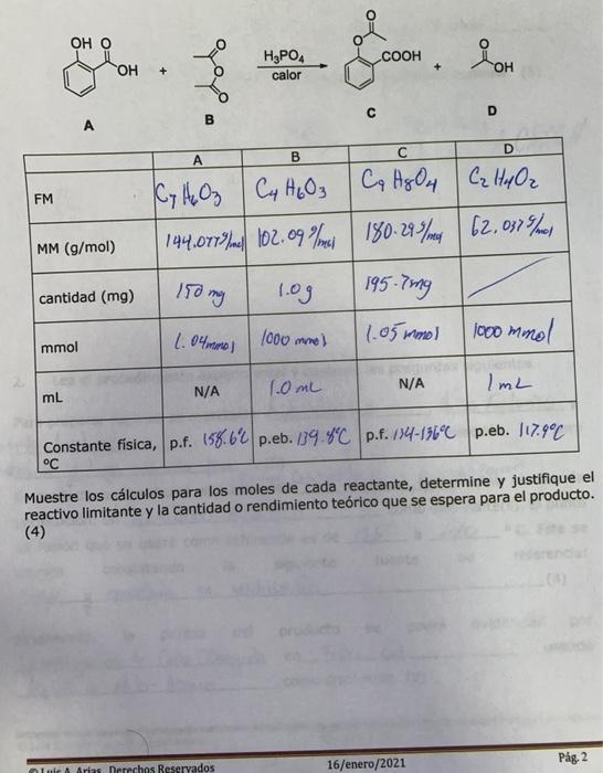 Solved Show calculations for the moles of each reactant, | Chegg.com