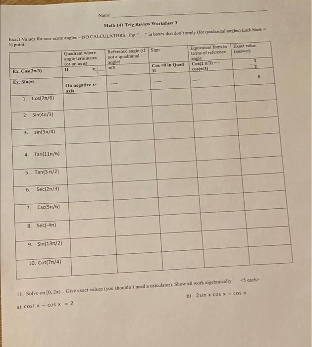 Solved Name Math 141 Trig Review Worksheet 3 in boxes that | Chegg.com