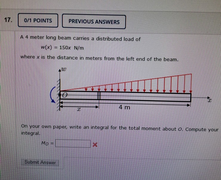 Solved 0/1 POINTS PREVIOUS ANSWERS A 4 meter long beam | Chegg.com