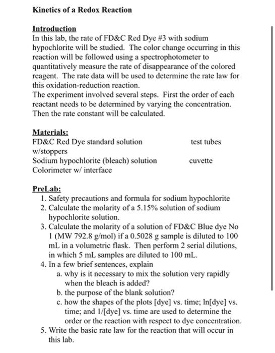Kinetics of a Redox Reaction Introduction In this | Chegg.com
