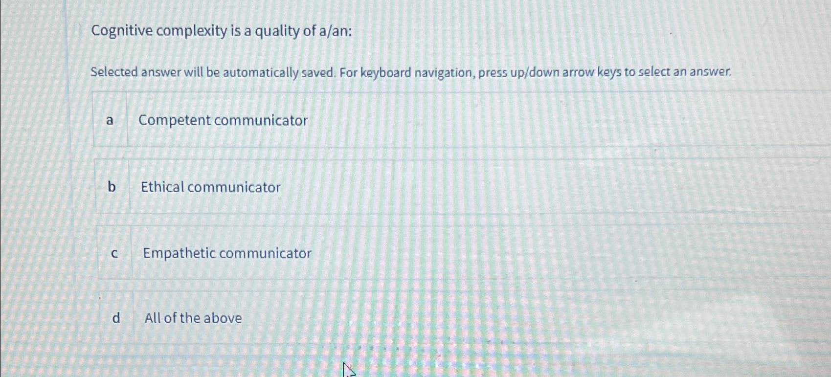 Solved Cognitive complexity is a quality of a/an:Selected | Chegg.com