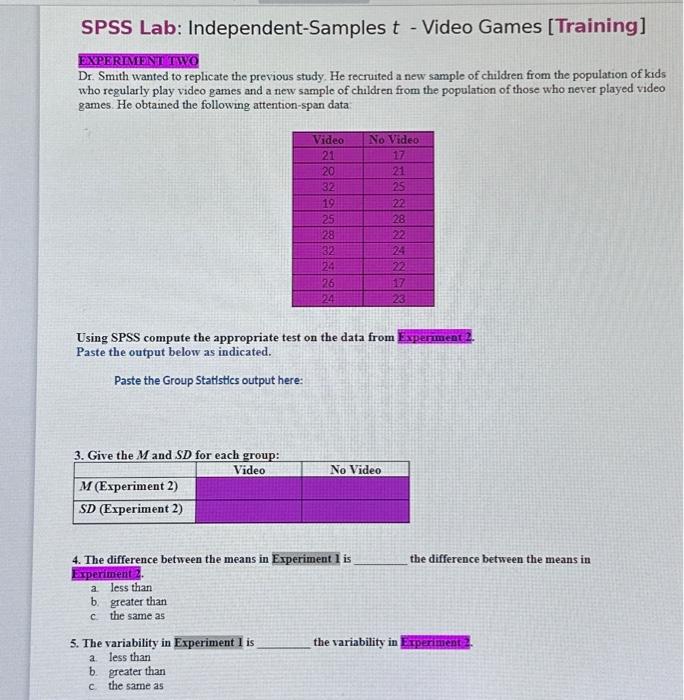 Solved SPSS Lab: Independent-Samples t - Video Games | Chegg.com