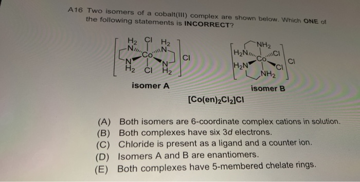 Solved A16 Two isomers of a cobalt(III) complex are shown | Chegg.com