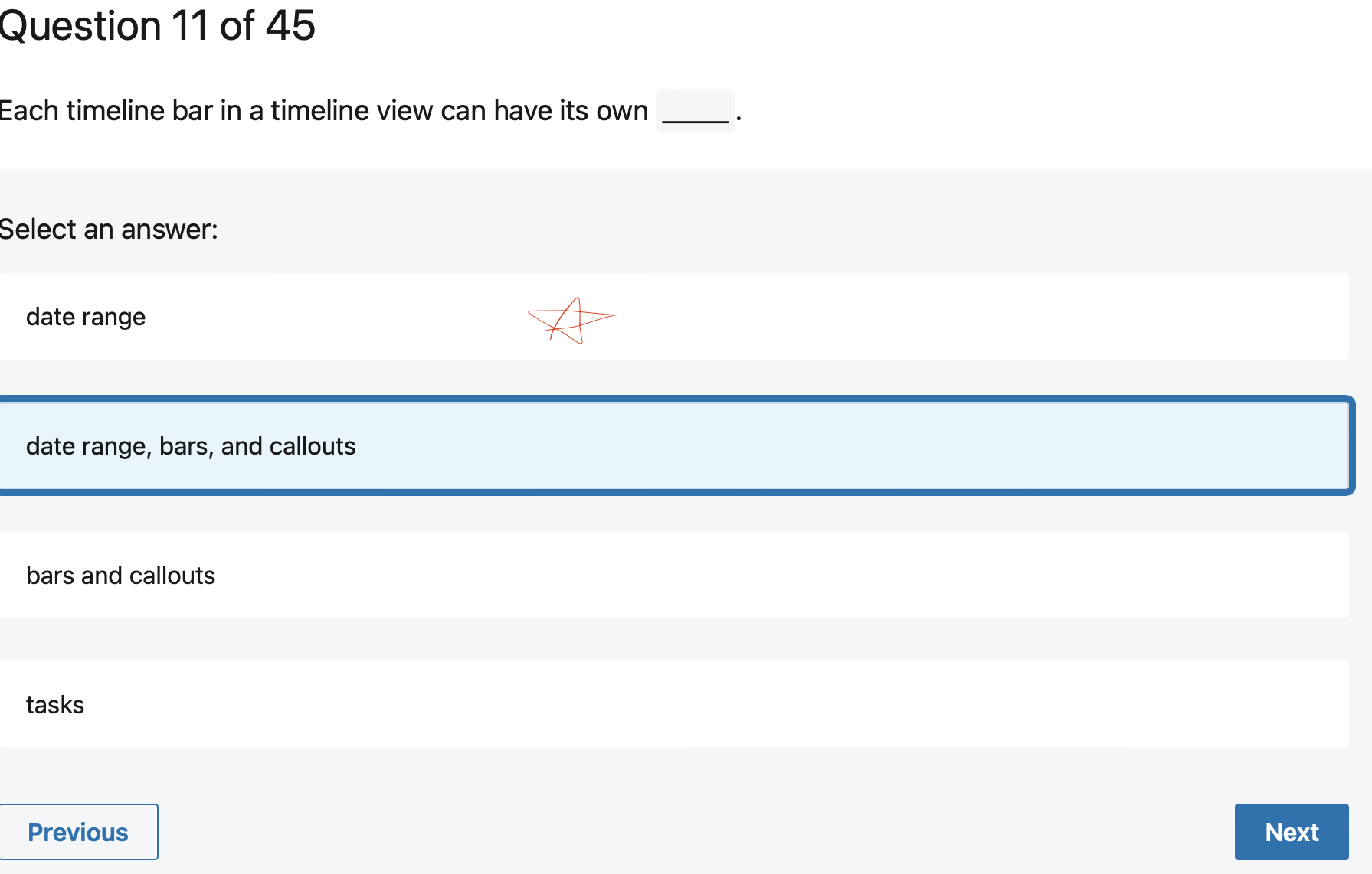 Solved Question 11 ﻿of 45Each timeline bar in a timeline | Chegg.com