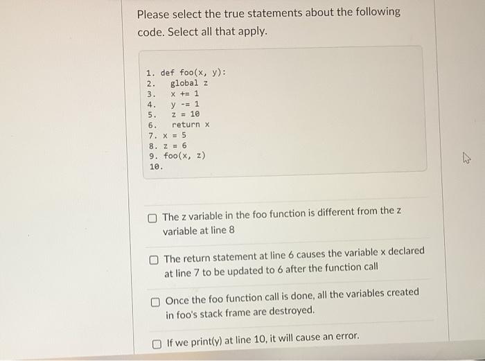 Solved Look at the following code and select all the true | Chegg.com