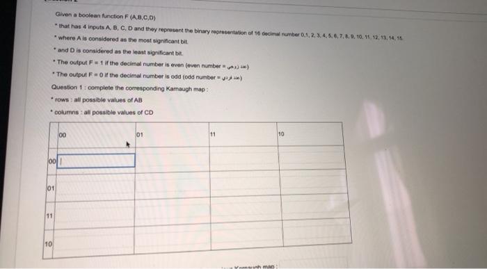 Solved Given a boolean function F(A,B,C,D) that has 4 inputs | Chegg.com