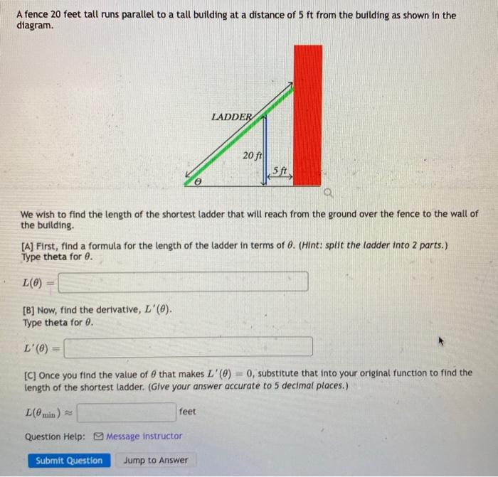 Solved A fence 20 feet tall runs parallel to a tall building | Chegg.com