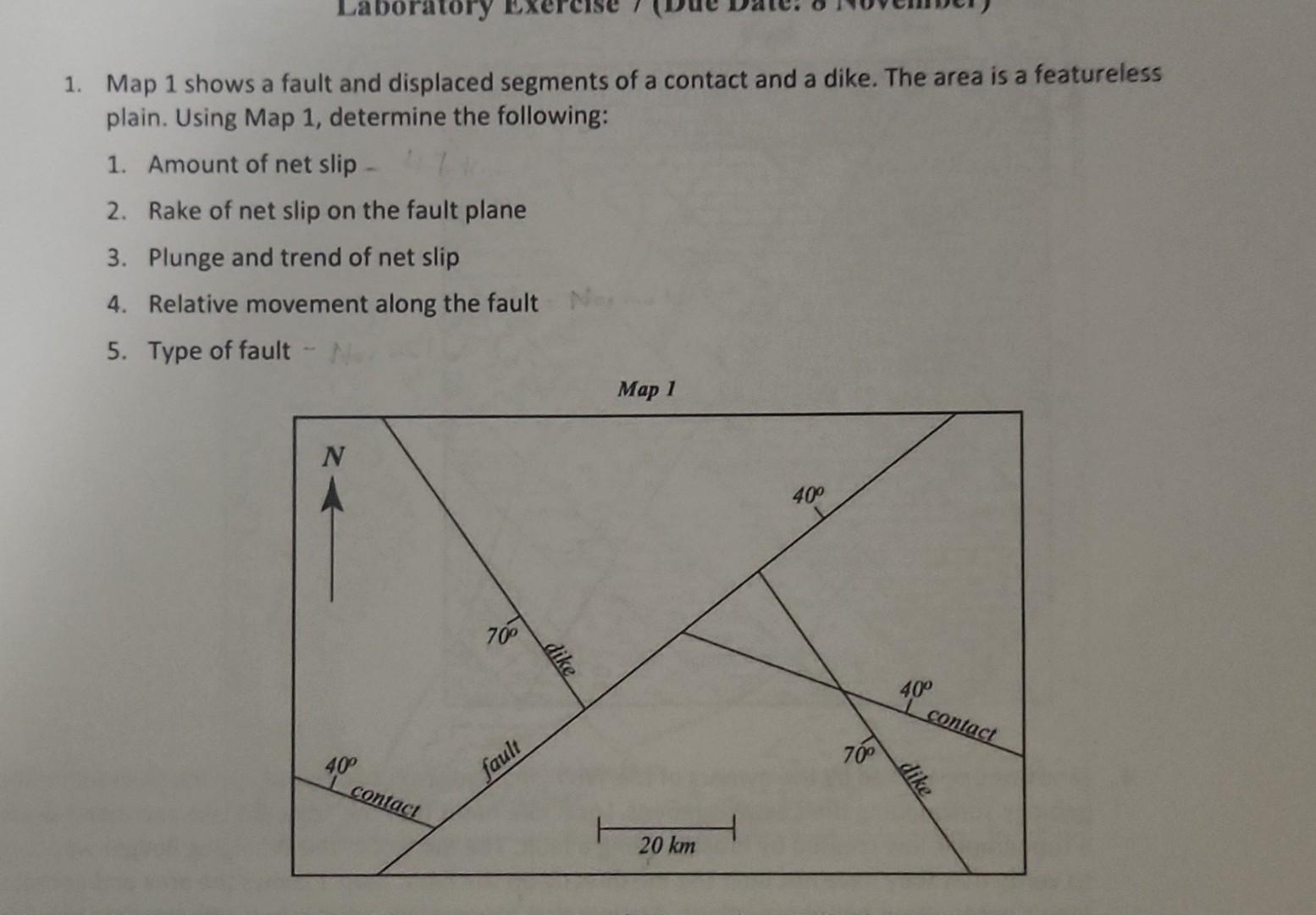 Solved 1. Map 1 shows a fault and displaced segments of a | Chegg.com