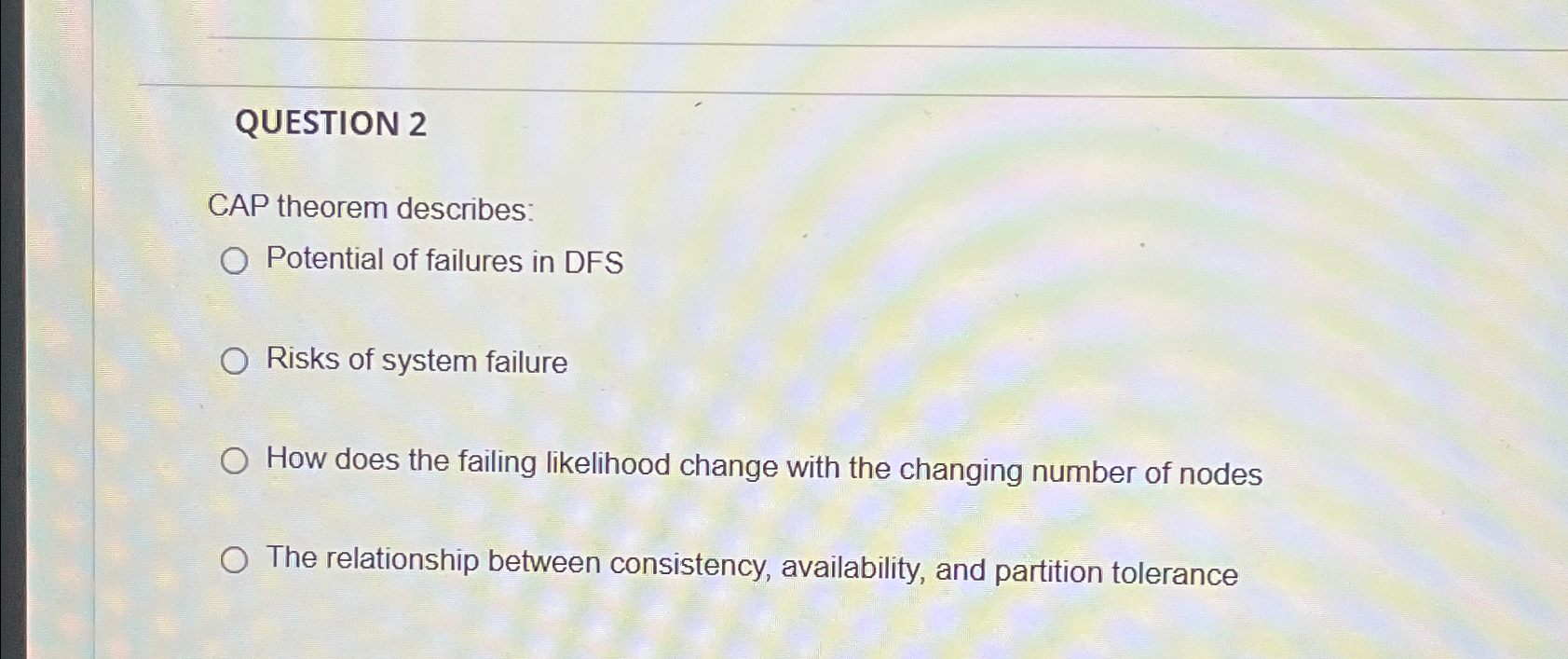 Solved QUESTION 2CAP theorem describes:Potential of failures | Chegg.com