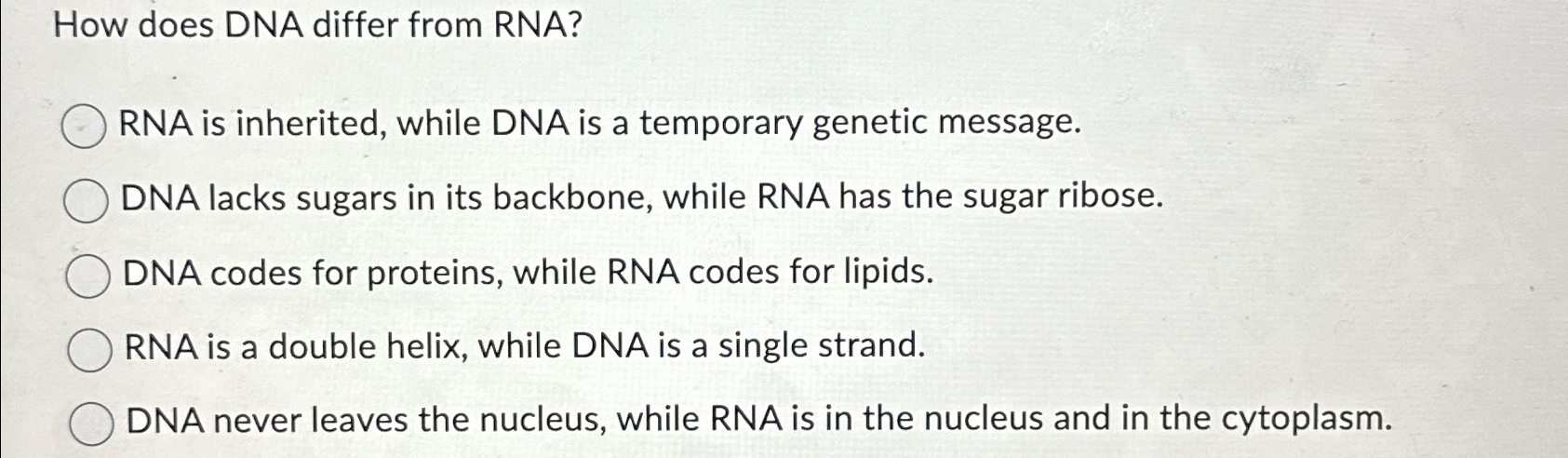 Solved How does DNA differ from RNA?RNA is inherited, while | Chegg.com