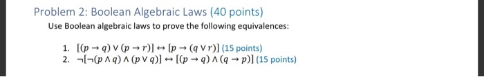 Solved Problem 2: Boolean Algebraic Laws (40 points) Use | Chegg.com
