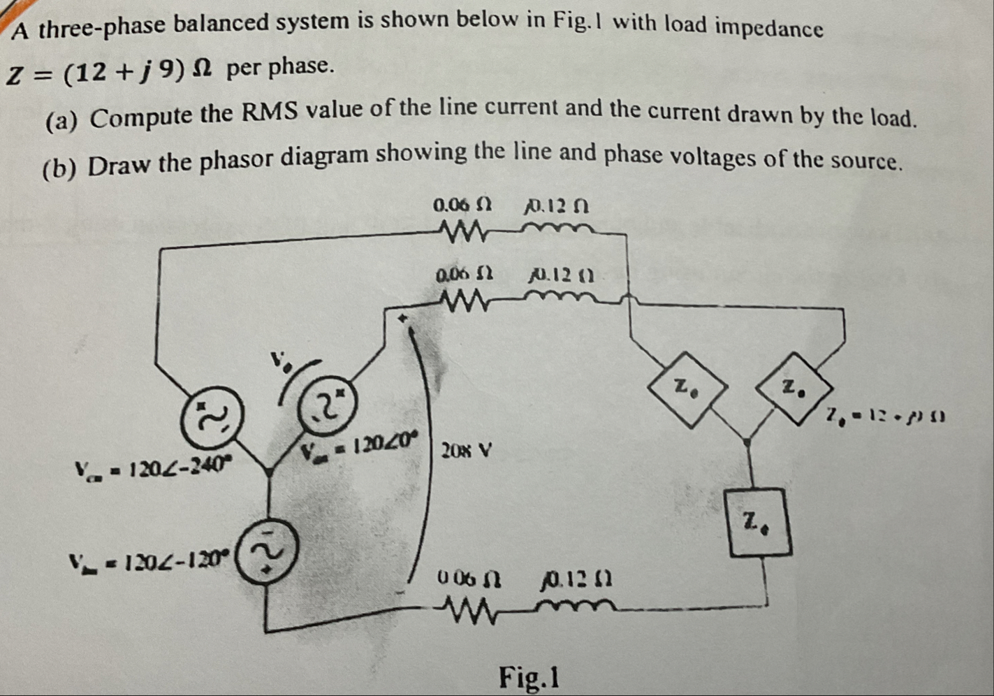 Solved A three-phase balanced system is shown below in Fig.I | Chegg.com