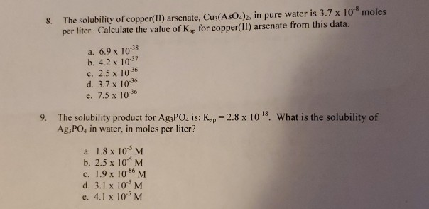Solved 8. The solubility of copper(II) arsenate, Cuz(AsO4)2, | Chegg.com